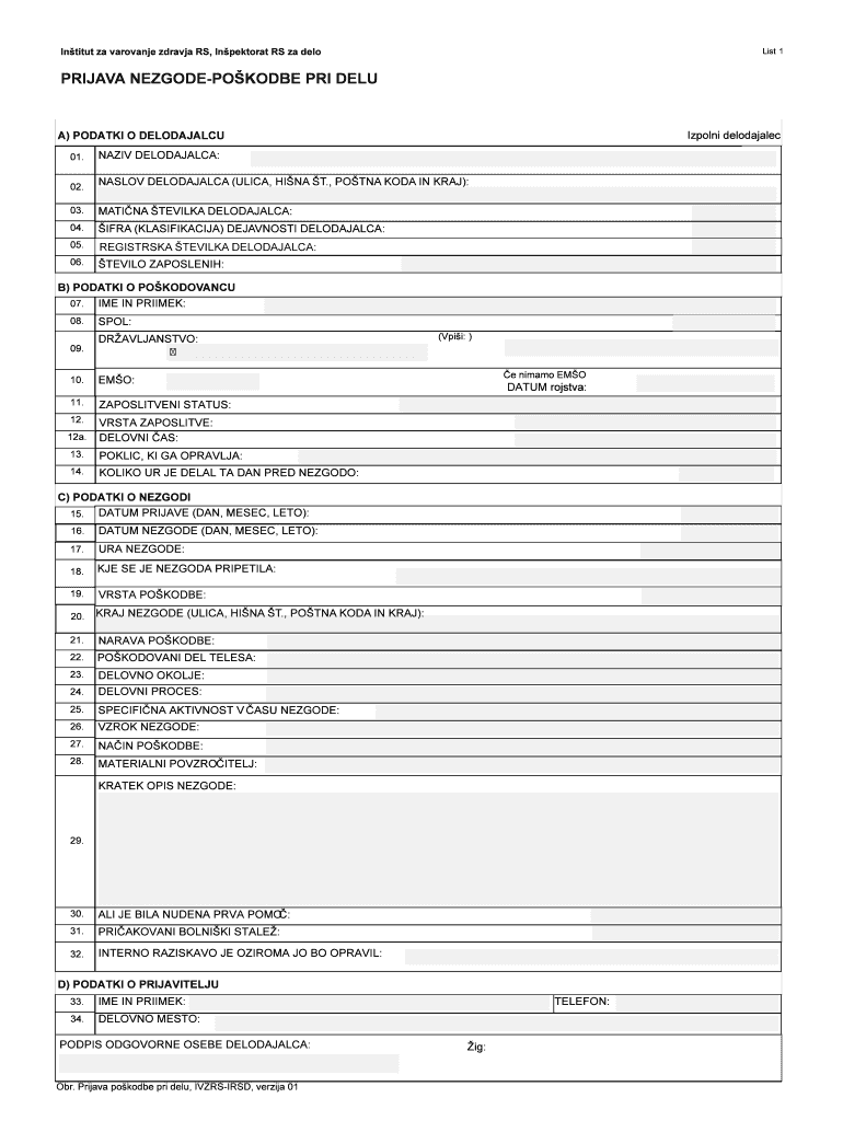Fillable Online id gov Intitut za varovanje zdravja RS, Inpektorat RS za delo Fax Email Print ...