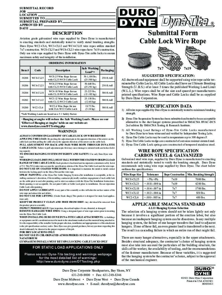 Fillable Online PDF Submittal Form Cable Lock Wire Rope - Duro Dyne Fax ...