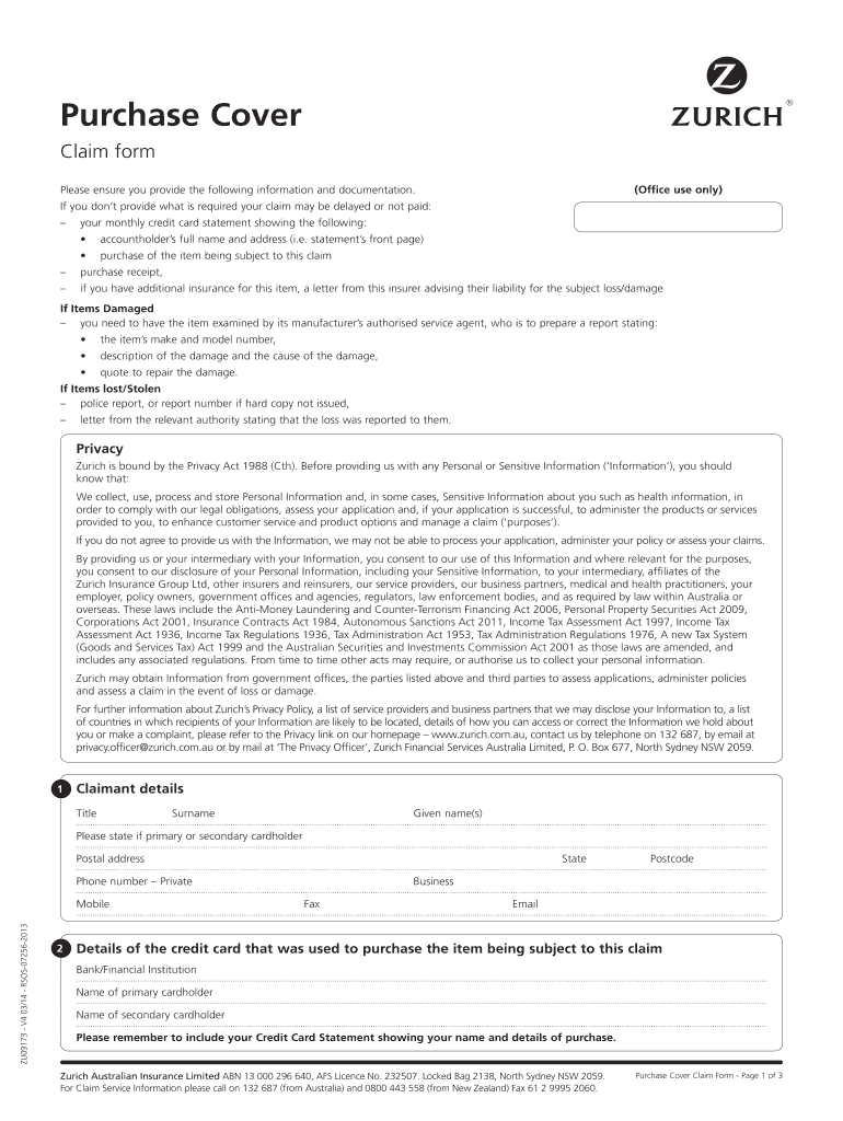 Fillable Online Zurich Australia Purchase Cover Claim Form Fax Email ...