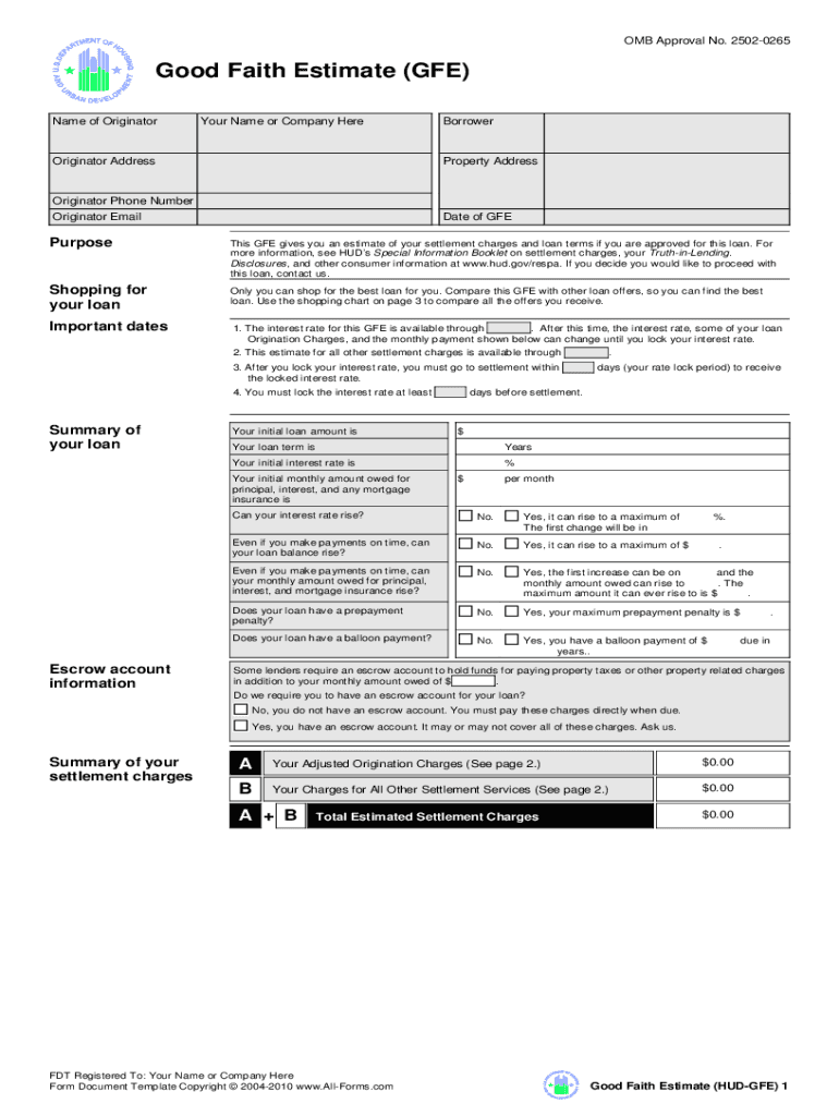 Fillable Online Good Fait h Estimate (GFE) - All-Forms.com Fax Email ...