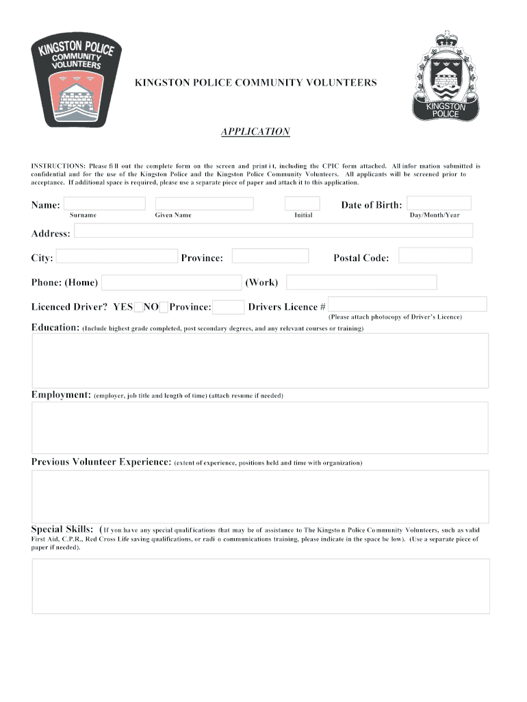 Fillable Online Kingston Police Community Volunteers KPCV Application ... Fax Email Print ...