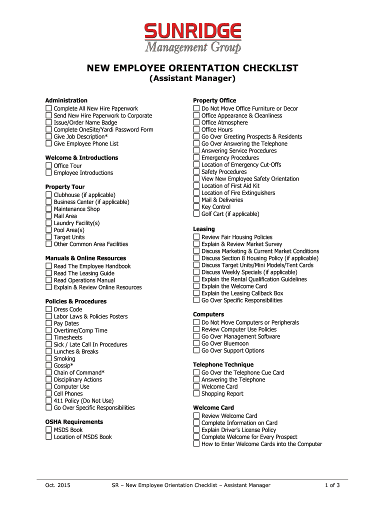 Fillable Online New Employee Orientation Checklist Assistant Manager ...
