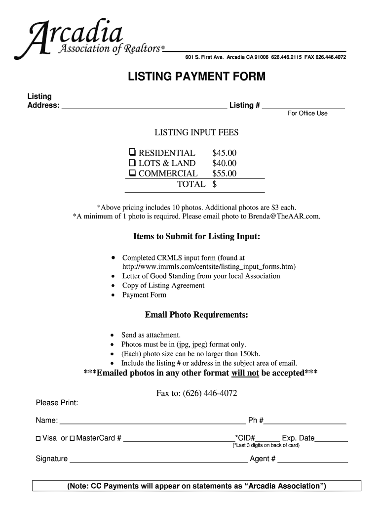 Fillable Online LISTING PAYMENT FORM Fax Email Print - pdfFiller