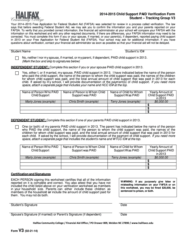 Fillable Online halifaxcc Child Support PAID Verification bFormb Student Tracking Group V3 Fax ...