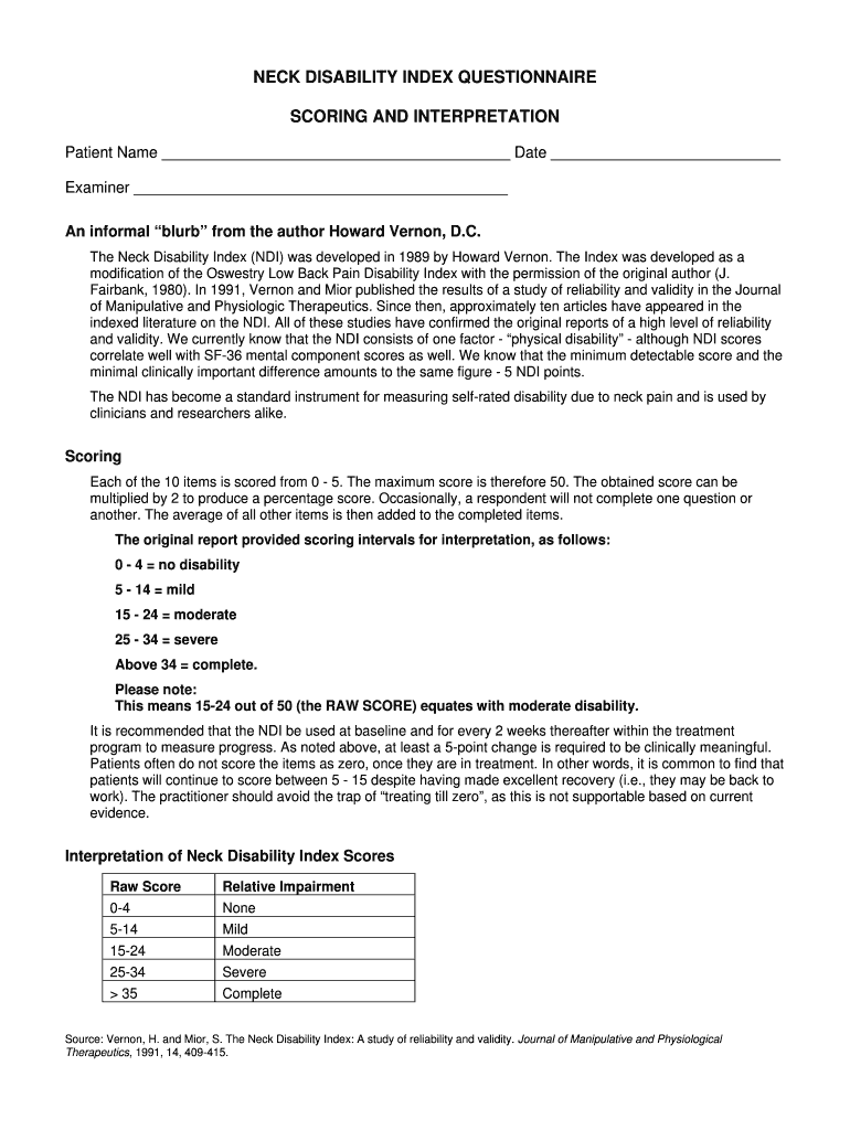 Fillable Online NECK DISABILITY INDEX QUESTIONNAIREScoringdoc Fax Email ...