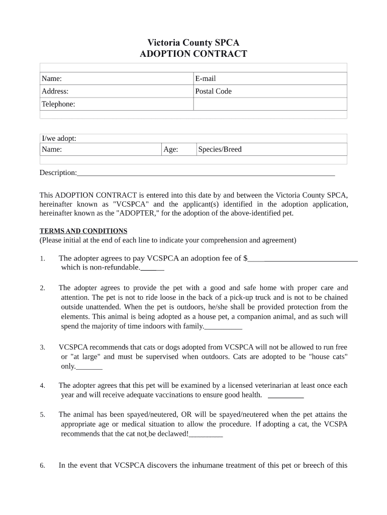 Fillable Online vcspca Adoption Form - Victoria County SPCA Welcome ...