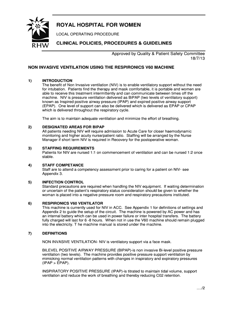 Fillable Online NON INVASIVE VENTILATION USING THE RESPIRONICS V60 ...