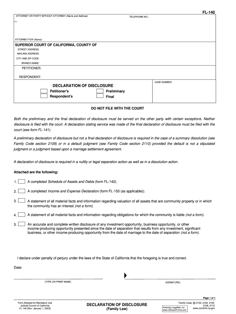 Fillable Online FL-140 DECLARATION OF DISCLOSURE ... - Cristin Lowe Law ...