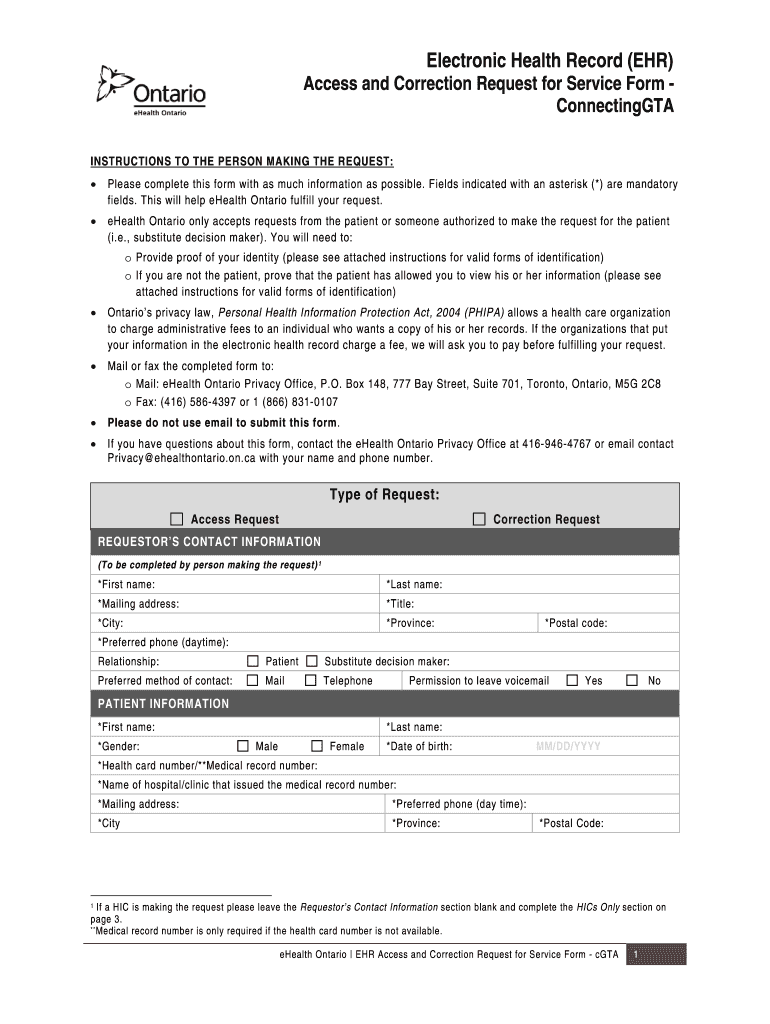Fillable Online Access and Correction Request - eHealth Ontario Fax ...