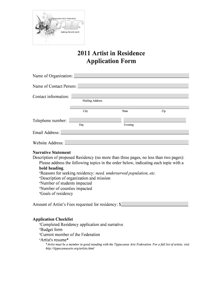 Fillable Online tippecanoearts 2011 Artist in Residence Application ...