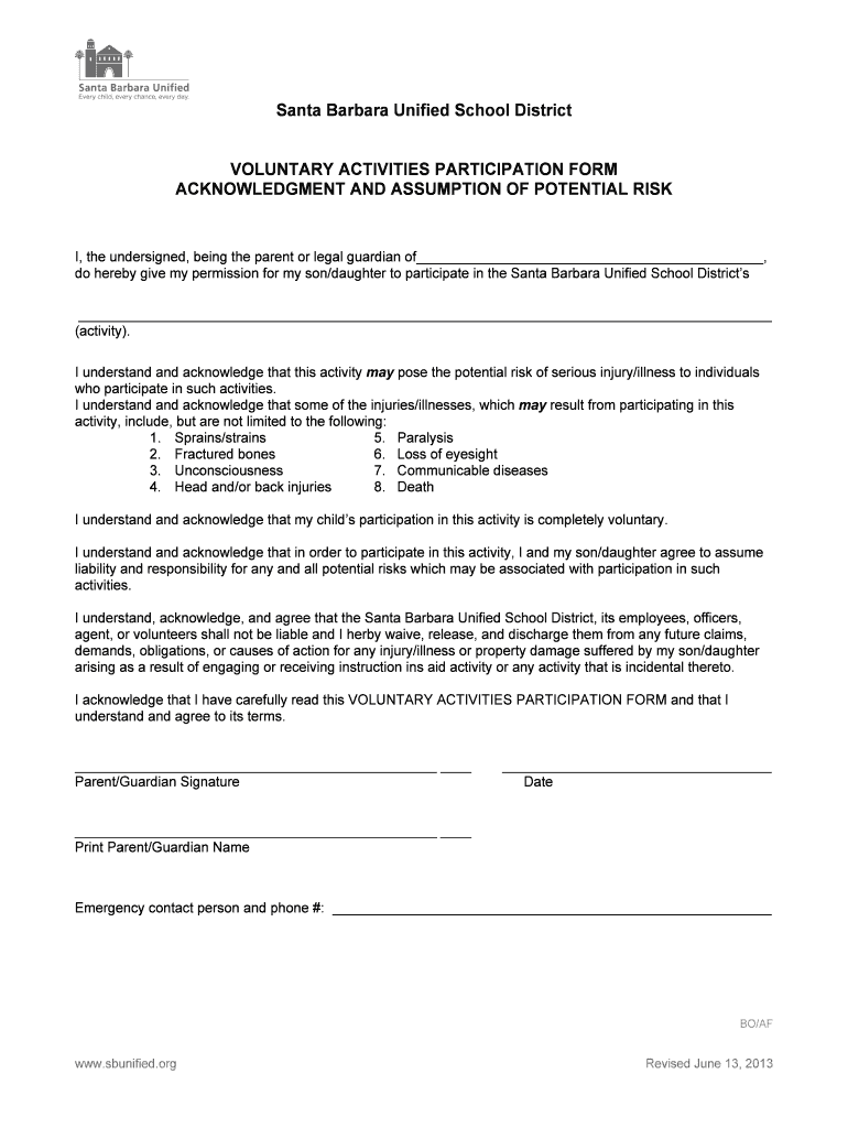 Fillable Online Voluntary Activities Participation Form, Acknowledgment ...