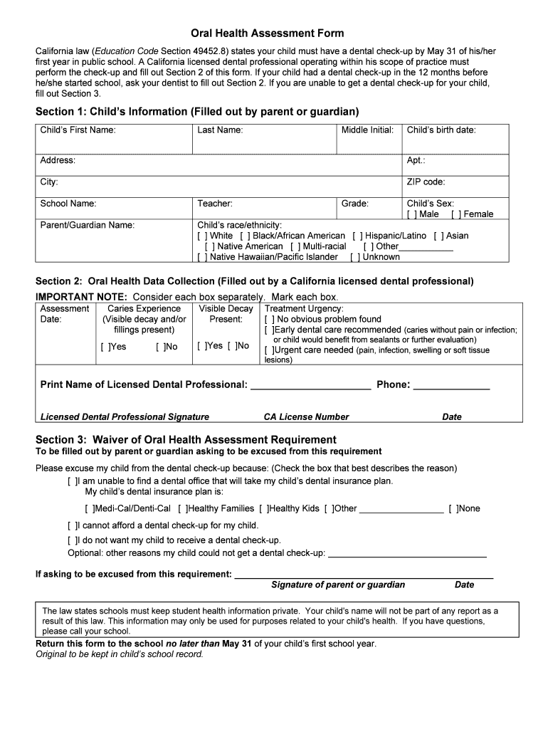 Fillable Online 8) states your child must have a dental check-up by May ...