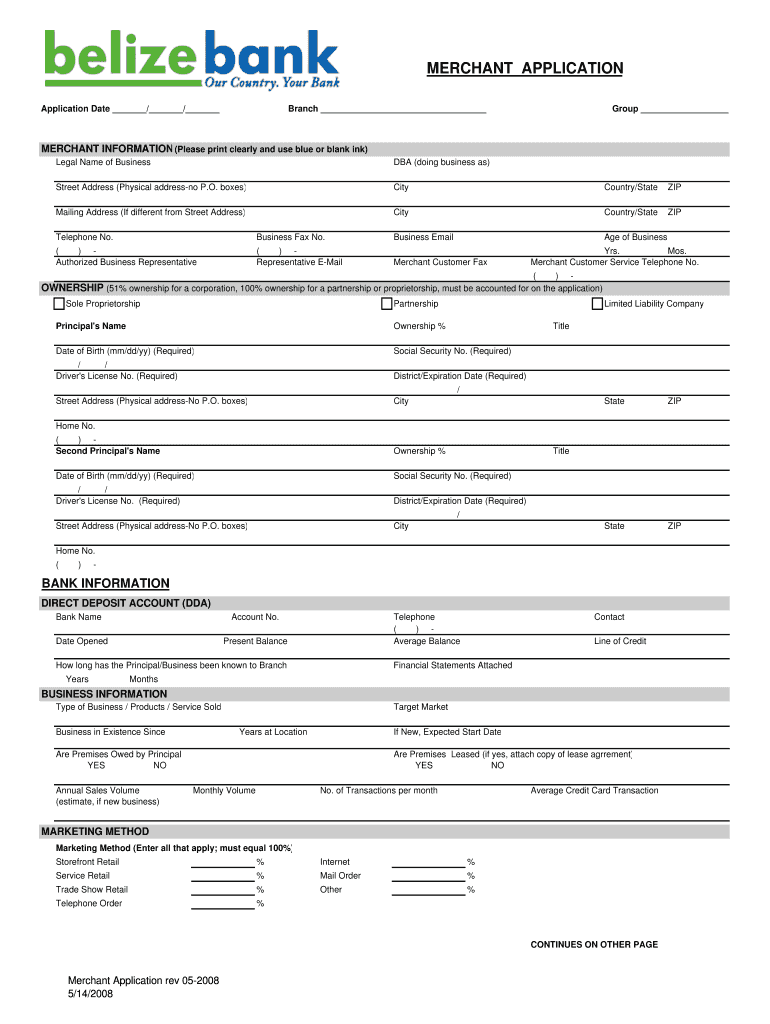 Fillable Online MERCHANT APPLICATION - Belize Bank Fax Email Print ...