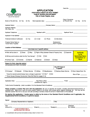 Fillable Online cedar-rapids Application for Working in Public Right-of ...