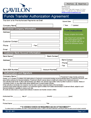 Fillable Online Funds Transfer Authorization Agreement - Gavilon Fax ...