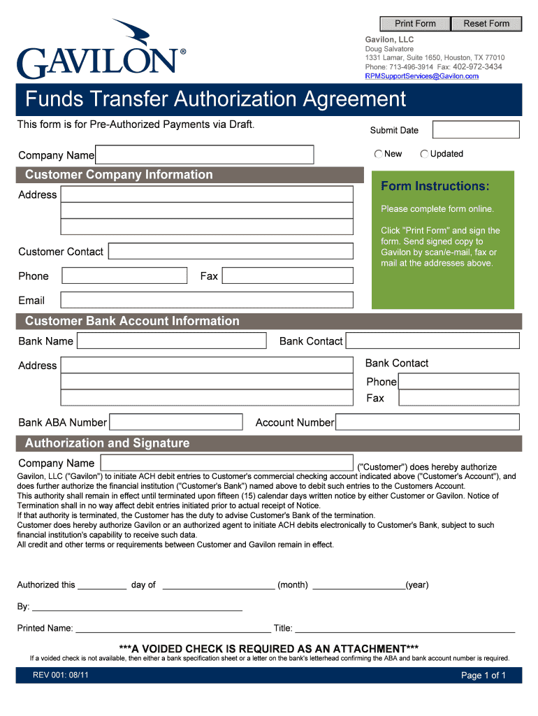 Fillable Online Funds Transfer Authorization Agreement - Gavilon Fax ...