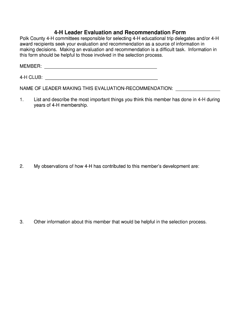 Fillable Online polk uwex 4-H Leader Evaluation and Recommendation Form Fax Email Print - pdfFiller