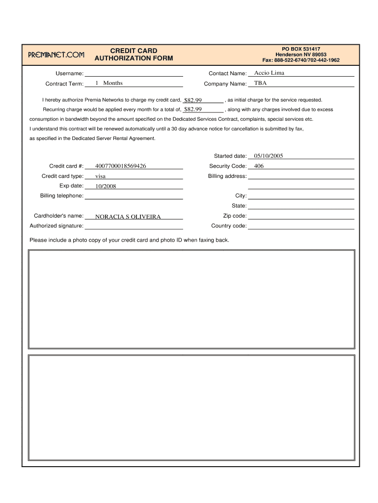 Fillable Online I hereby authorize Premia Networks to charge my credit ...