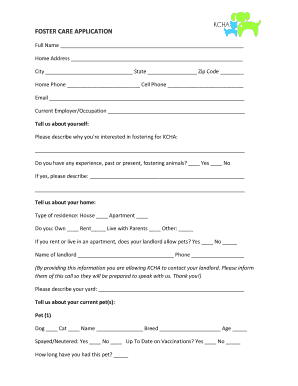 Fillable Online FOSTER CARE APPLICATION - Kanawha-Charleston Humane ...