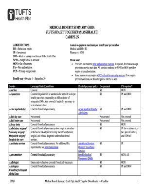 Fillable Online MEDICAL BENEFIT SUMMARY GRID: Fax Email Print - pdfFiller