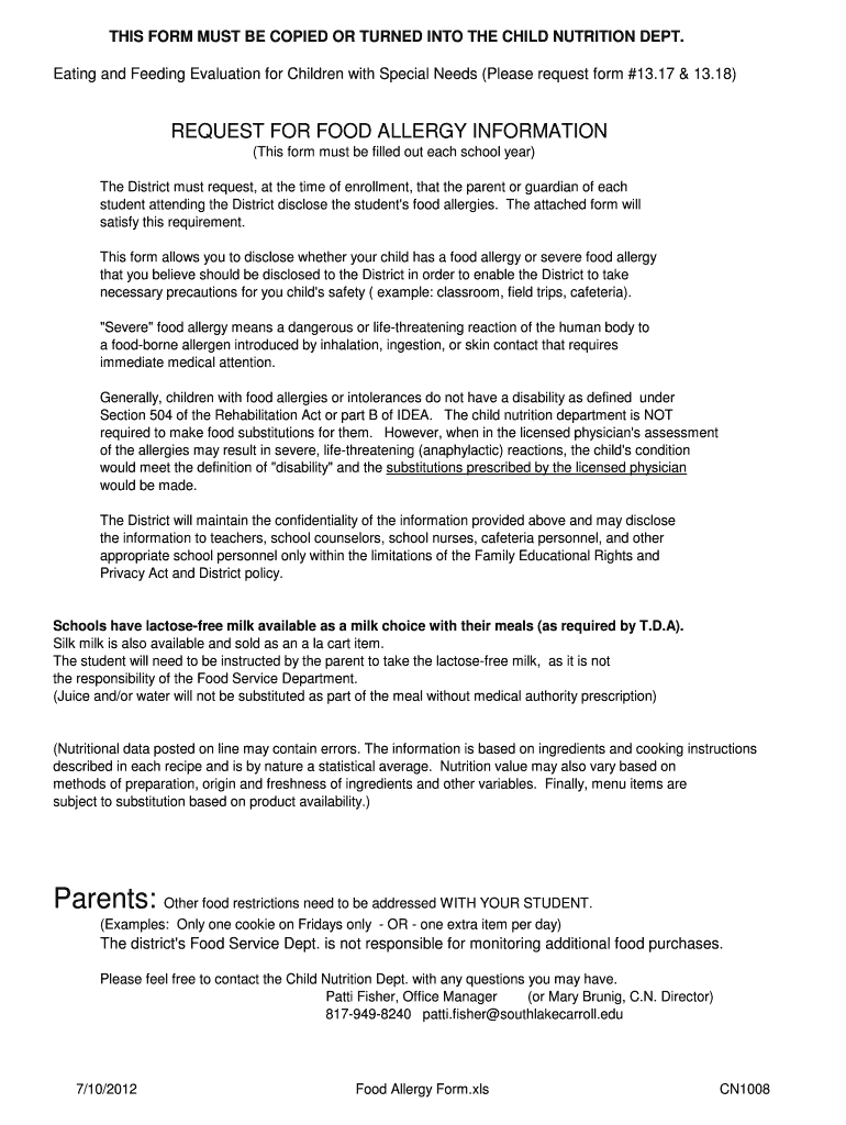 Fillable Online Food Allergy Form - MySouthlakeNews Fax Email Print ...