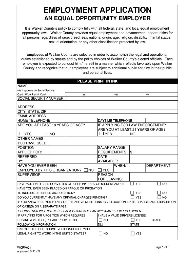 Fillable Online Walker County Employment Application.xls Fax Email ...
