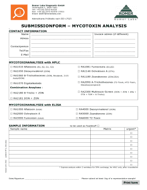 Fillable Online SUBMISSIONFORM MYCOTOXIN ANALYSIS - Romer Labs Fax ...