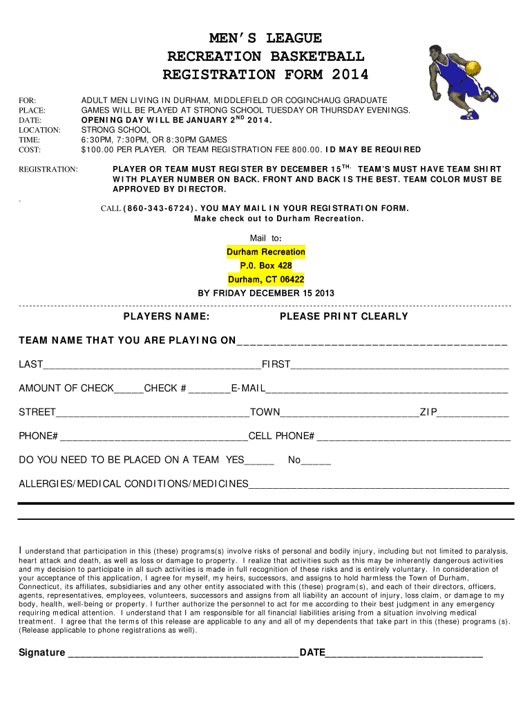 Fillable Online townofdurhamct YOUTH BASKETBALL REGISTRATION FORM ...