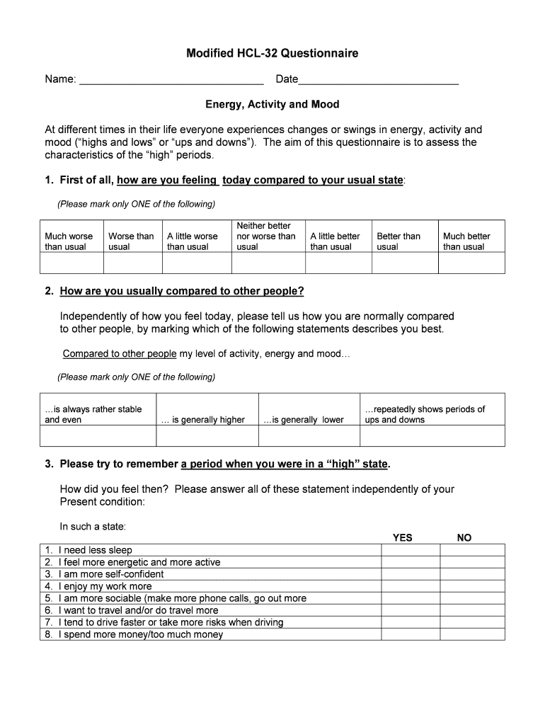 Fillable Online Modified HCL-32 Questionnaire Fax Email Print - pdfFiller