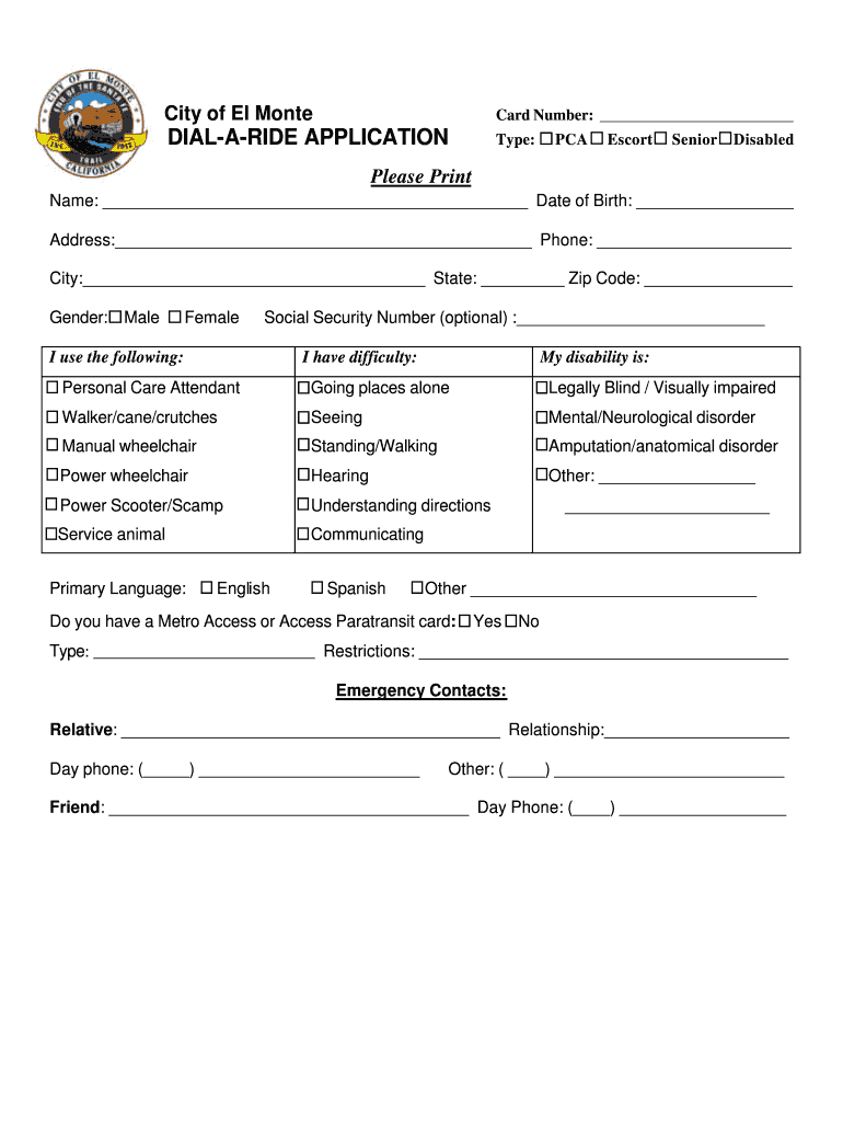 Fillable Online elmonteca DIAL-A-RIDE APPLICATION - City of El Monte ...