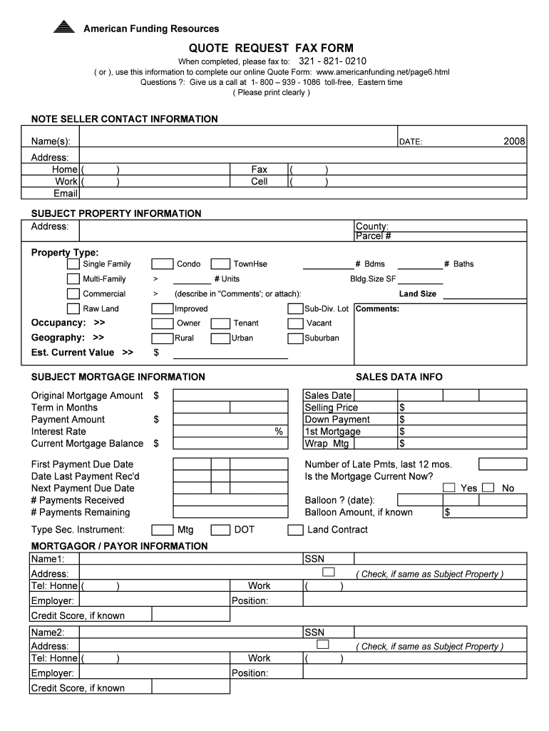 Fillable Online americanfunding Quote Request Fax Form ...