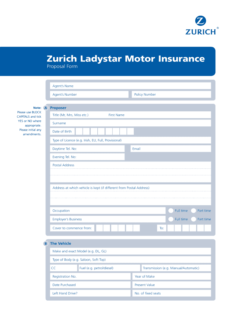 Fillable Online Zurich Ladystar Motor Insurance Proposal Form - Car ...
