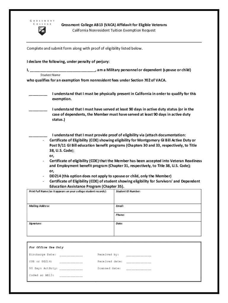 Fillable Online Grossmont College AB13 (VACA) Affidavit for Eligible Veterans ... Fax Email ...