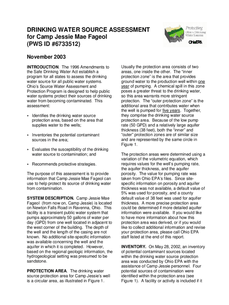 Fillable Online wwwapp epa ohio DRINKING WATER SOURCE ASSESSMENT for ...