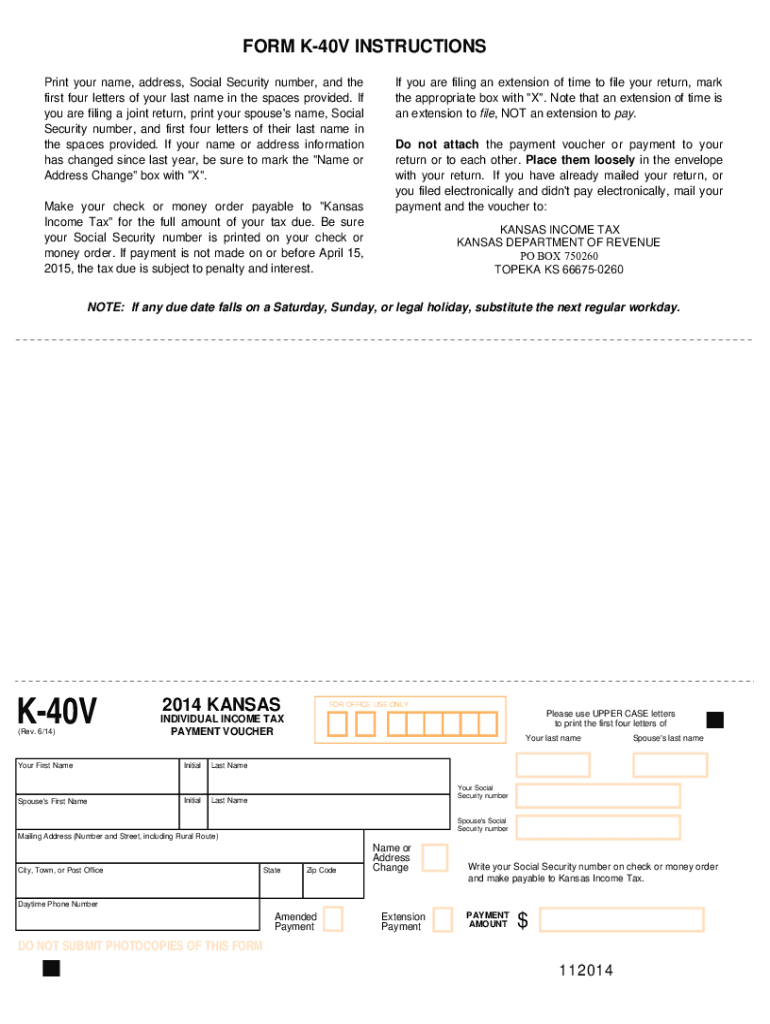 Fillable Online Kansas Form K-40V (Kansas Payment Voucher ...