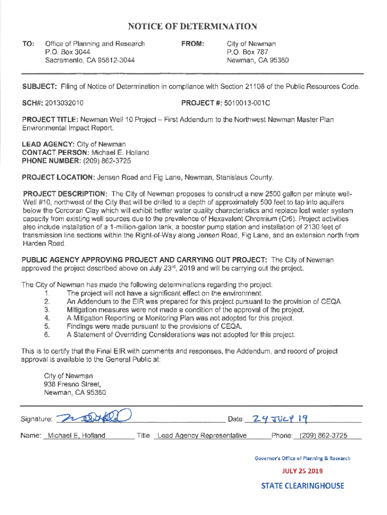 Fillable Online Notice of Determination From: Office of Planning and ...