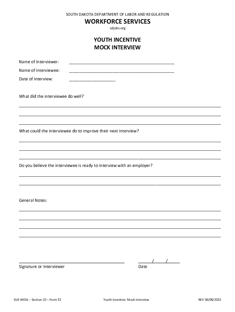 Fillable Online dlr sd WIOA Form 32: Mock Interview Youth Incentive Fax ...