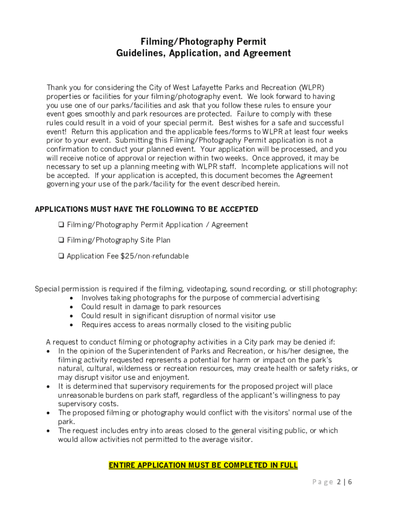 Fillable Online Filming/Photography Permit for City Park Properties, or ...