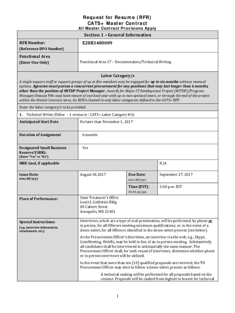 Fillable Online doit maryland E20B3400009 - CATS + RFR Functional Area ...