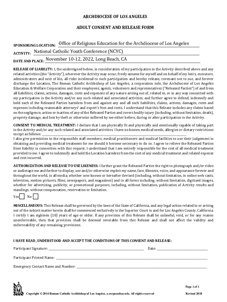 Fillable Online ARCHDIOCESE OF LOS ANGELES ADULT CONSENT AND RELEASE ...