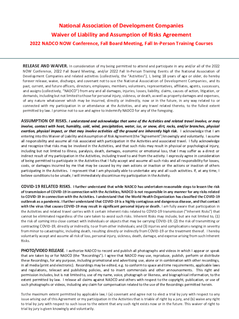 Fillable Online NADCO Liability Waiver and Assumption of Risk. 01694553 ...