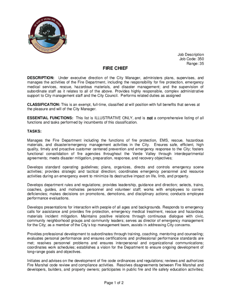 Fillable Online www.iafc.orgtopics-and-toolsresourcesFire Chief Position Description Template ...