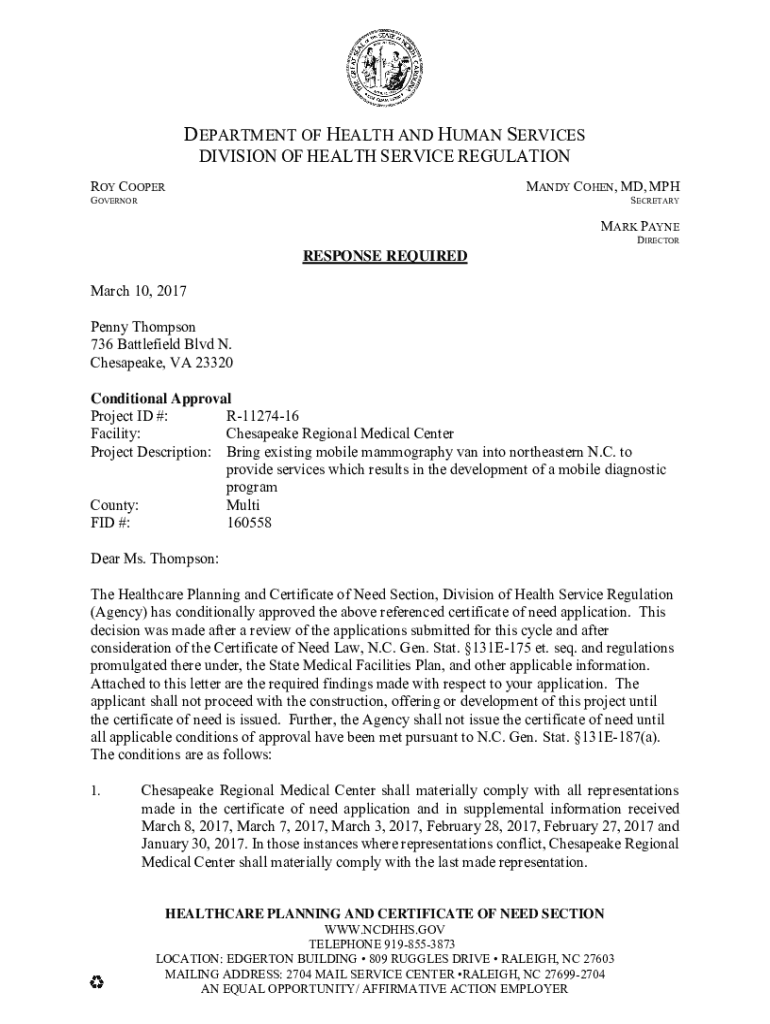 Fillable Online NC DHSR HPCON: Decision for Chesapeake Regional Medical ...