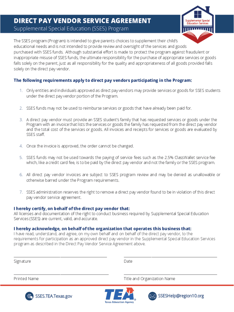Fillable Online DIRECT PAY VENDOR SERVICE AGREEMENT - Supplemental ...