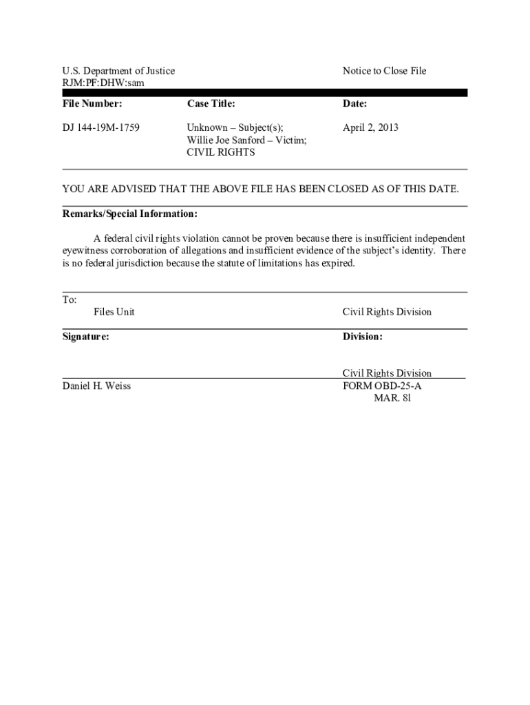 Fillable Online U.S. Department of Justice Notice to Close File RJM:PF ...