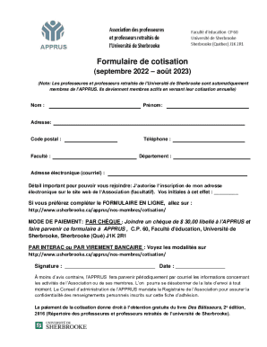 Fillable Online Formulaire de cotisation - Universit de Sherbrooke Fax ...