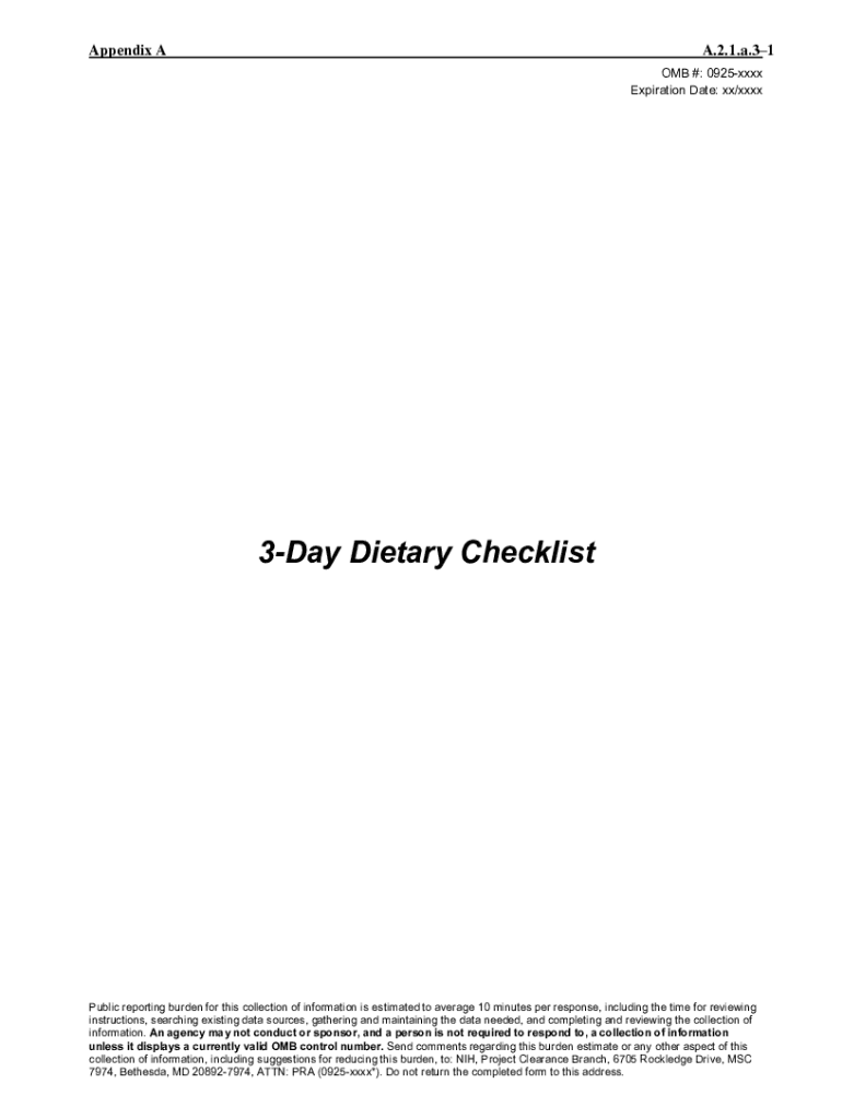 Fillable Online 3-Day Dietary Checklist Fax Email Print - pdfFiller