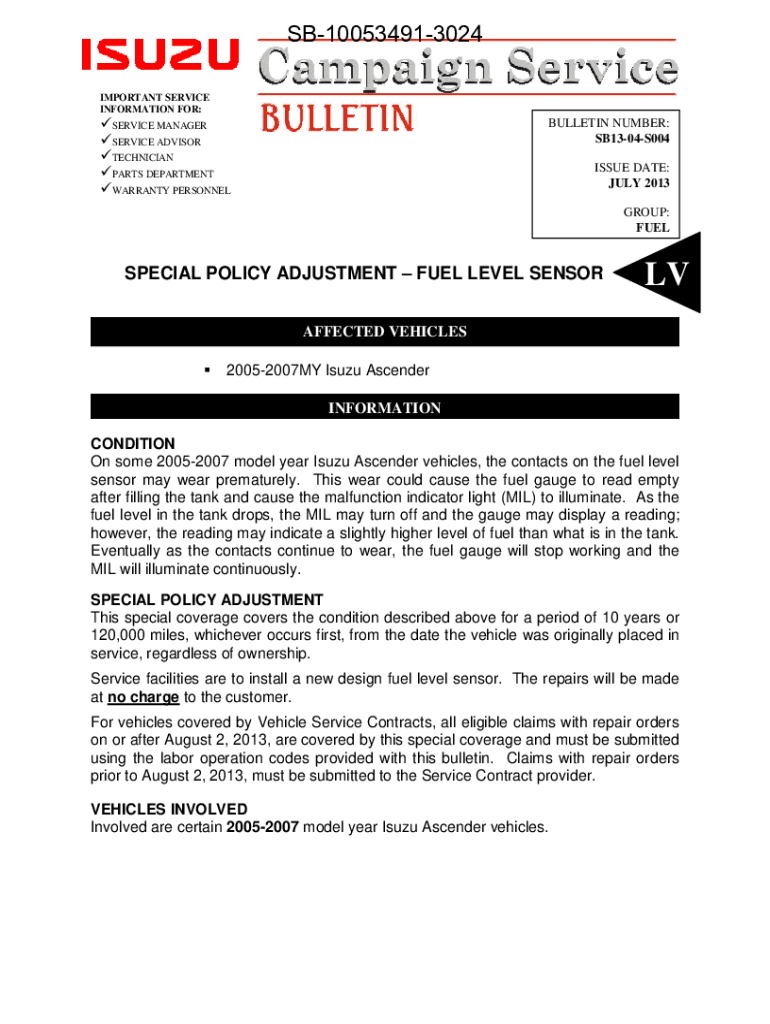 Fillable Online static.nhtsa.gov odi tsbsGROUP: FUEL SPECIAL POLICY ...