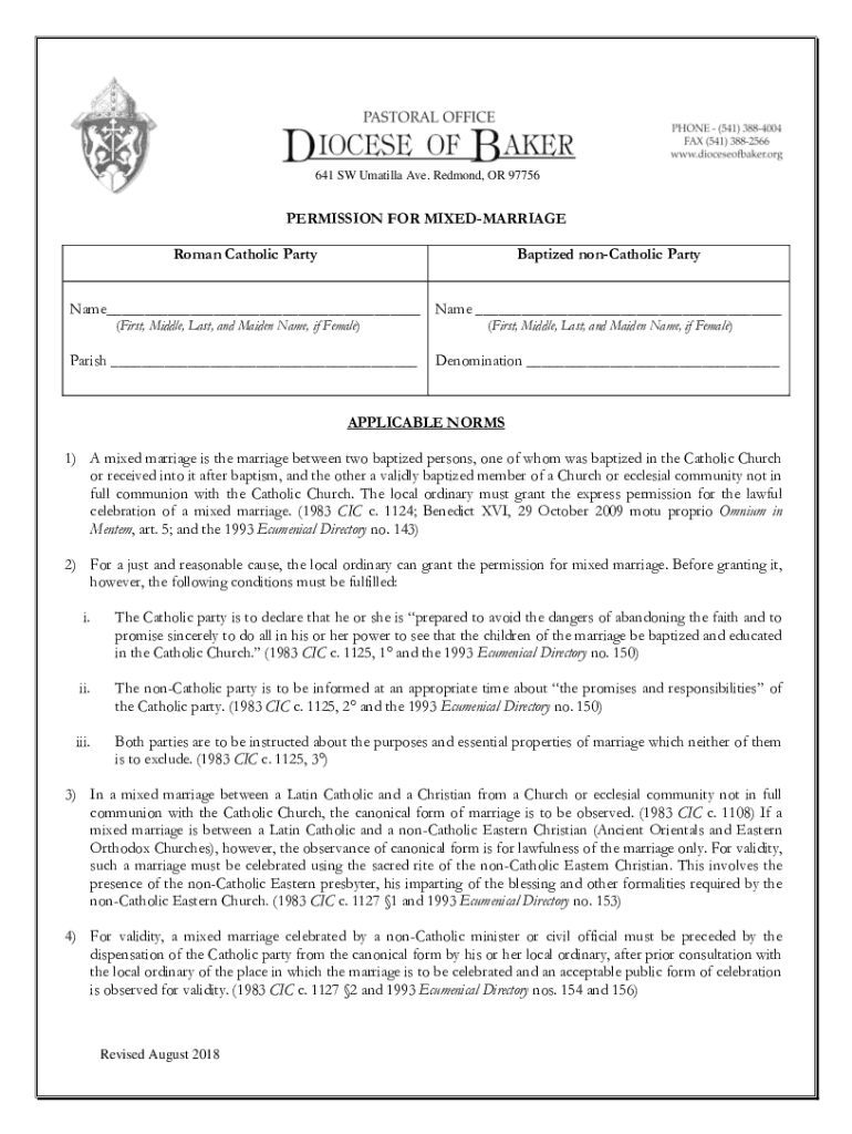 Fillable Online PERMISSION FOR MIXED-MARRIAGE Roman Catholic Party ...