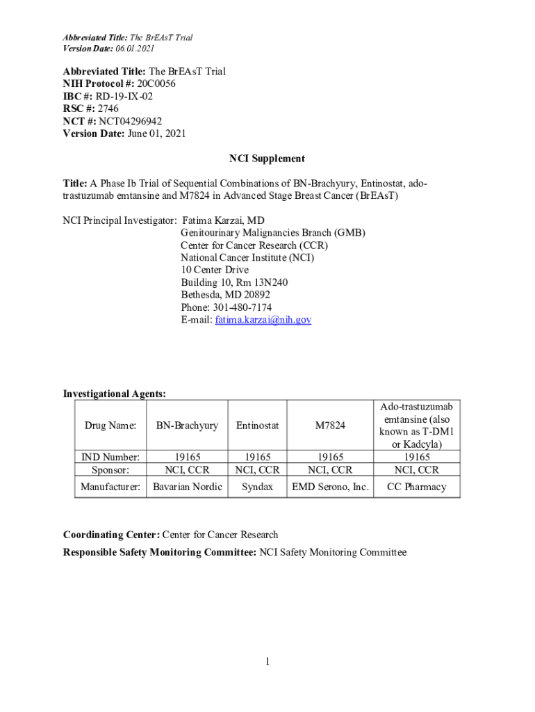 Fillable Online 1 Abbreviated Title: The BrEAsT Trial NIH Protocol ...